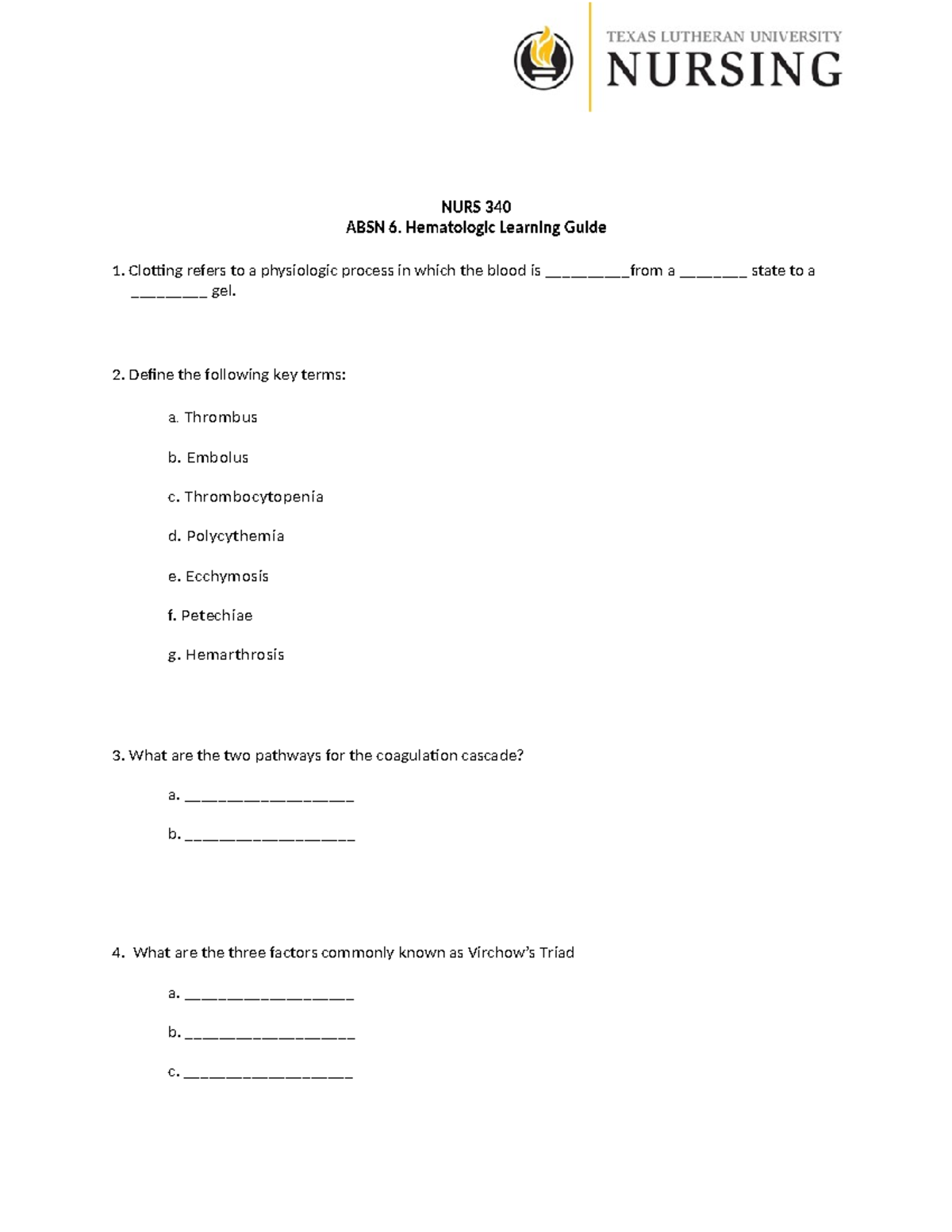 Hematologic Learning Guide - NURS 340 ABSN 6. Hematologic Learning ...
