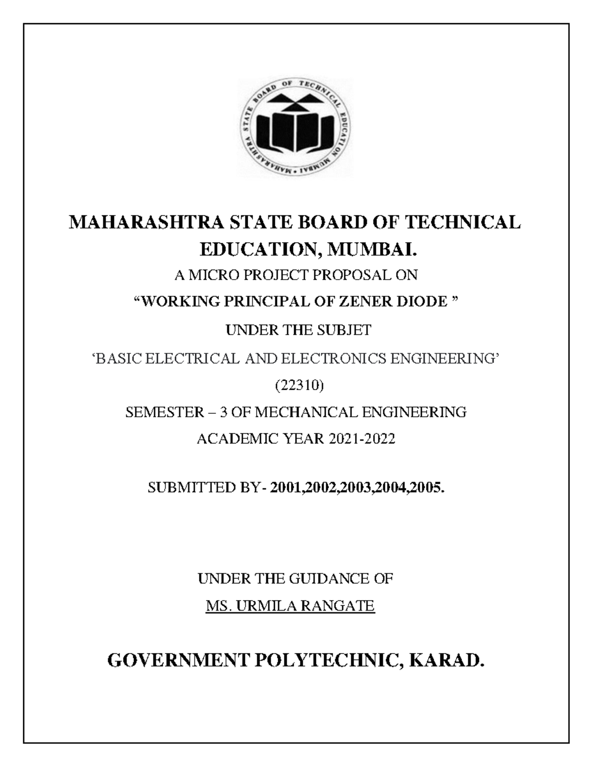 BEE Microproject Praposal - MAHARASHTRA STATE BOARD OF TECHNICAL EDUCATION, MUMBAI. A MICRO ...