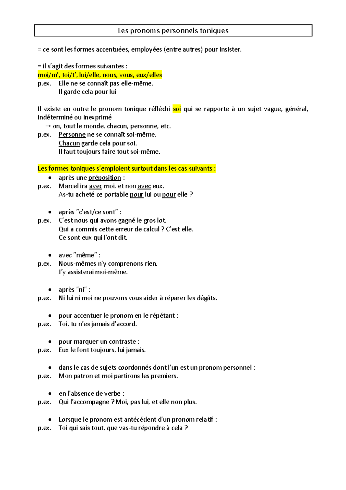 Fiche pronoms personnels toniques - Les pronoms personnels toniques ...