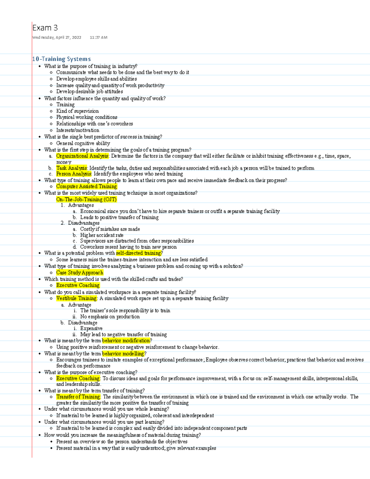 PSYCH 226-Exam 3 Study Guide - 10-Training Systems What is the purpose of training in industry ...