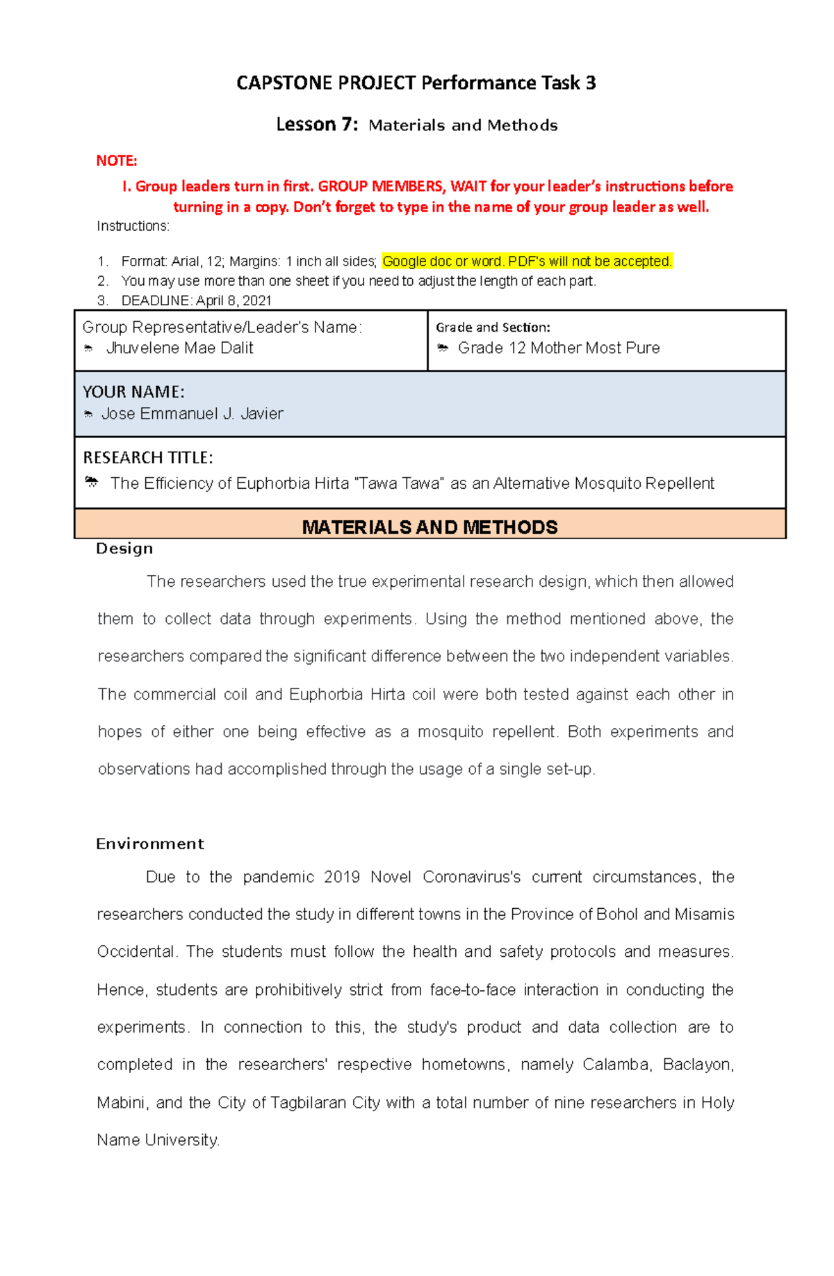 Capstone Performance TASK IN research methods - Research Methods - DLSU ...