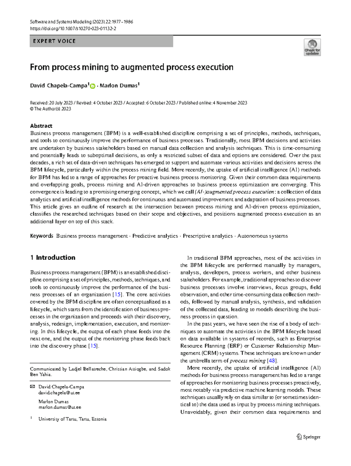 From Process Mining To Augmented Process Execution Software And Systems Modeling Software And