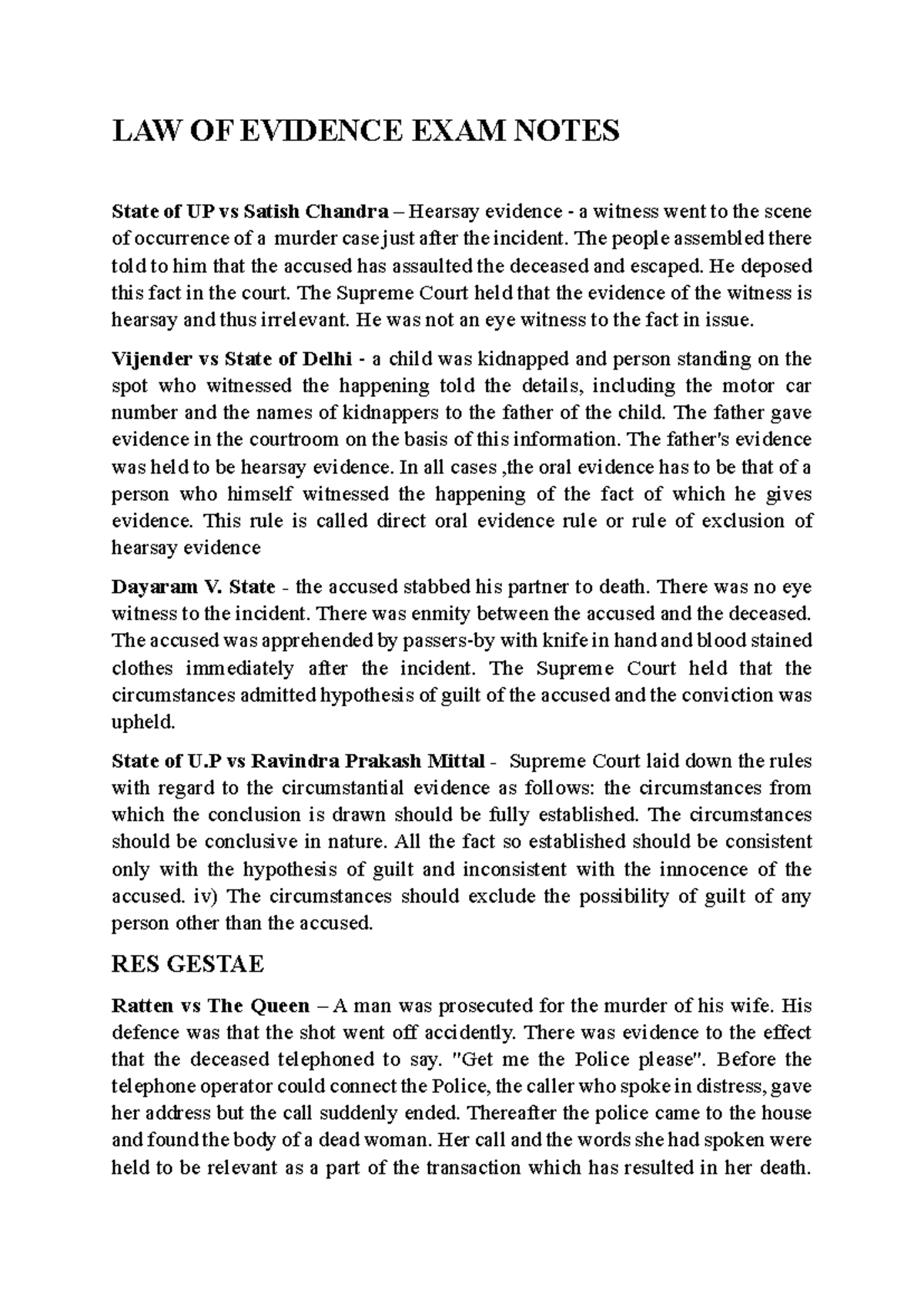 Important Law of Evidence Case Laws - LAW OF EVIDENCE EXAM NOTES State ...