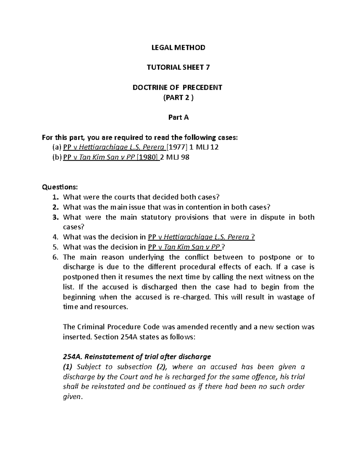 Tutorial Sheet 7 Stare Decisis Part 2 - LEGAL METHOD TUTORIAL SHEET 7 ...