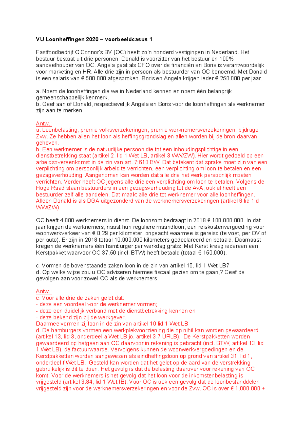 Oefenvragen 1 LH VU - VU Loonheffingen 2020 – voorbeeldcasus 1 ...