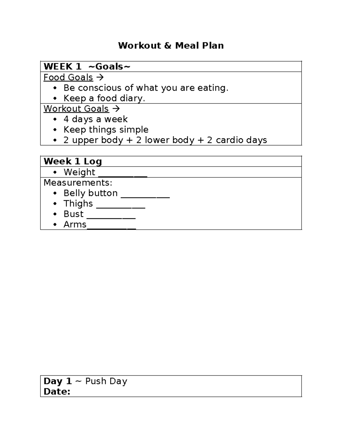 Health journal - Workout & Meal Plan WEEK 1 Goals Food Goals Be ...