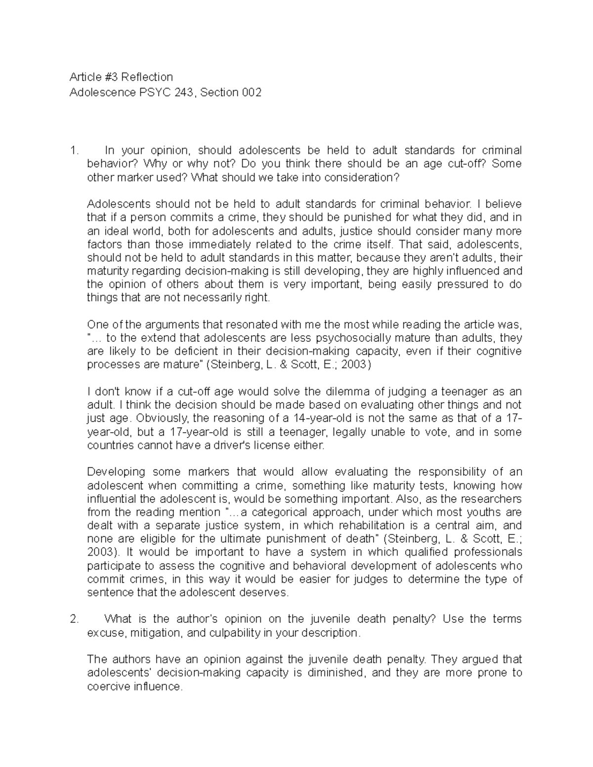 Article #3 Reflection - Article #3 Reflection Adolescence PSYC 243 ...