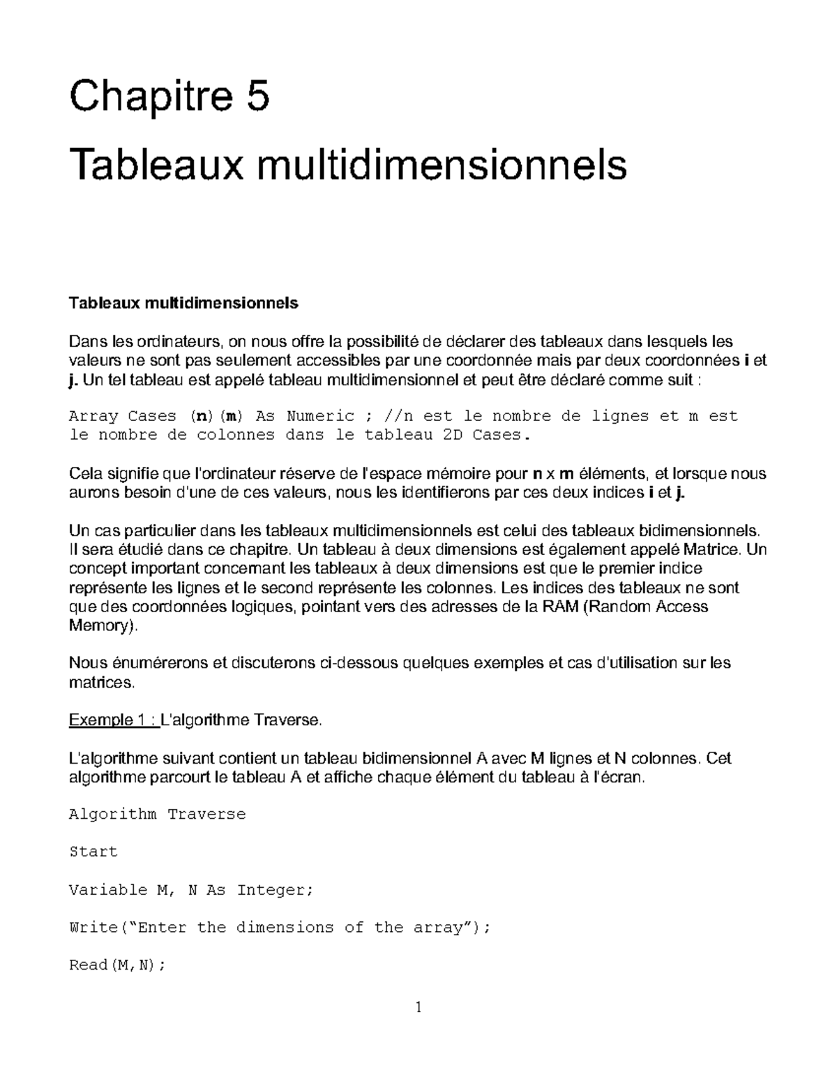Chapter 5 Multi Dimensional Arrays - Chapitre 5 Tableaux multidimensionnels Tableaux - Studocu