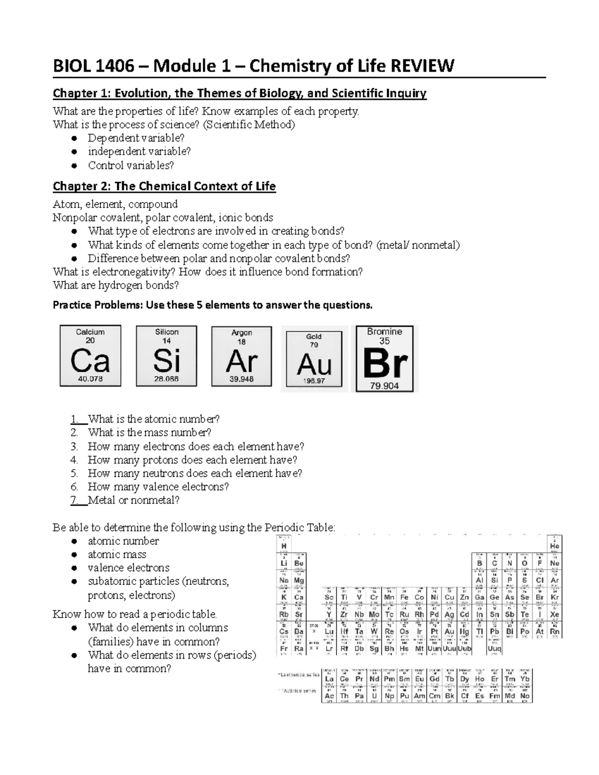BIOL-1406, Module 1 Test Review - BIOL 1406 – Module 1 – Chemistry of ...
