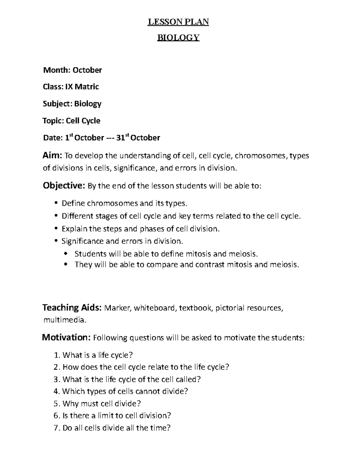 Matric BIO CELL - LESSON PLAN BIOLOGY Month: October Class: IX Matric ...