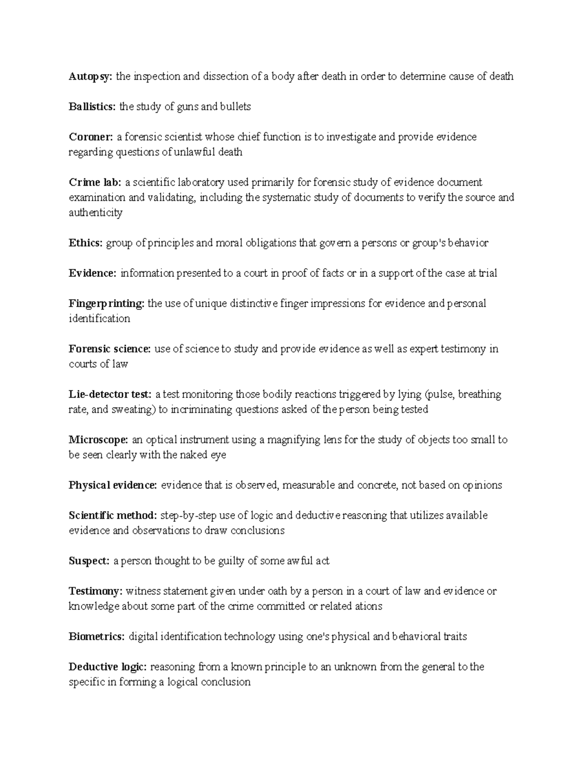 Forensic Science Pt 1 - Vocabulary - Autopsy: the inspection and ...