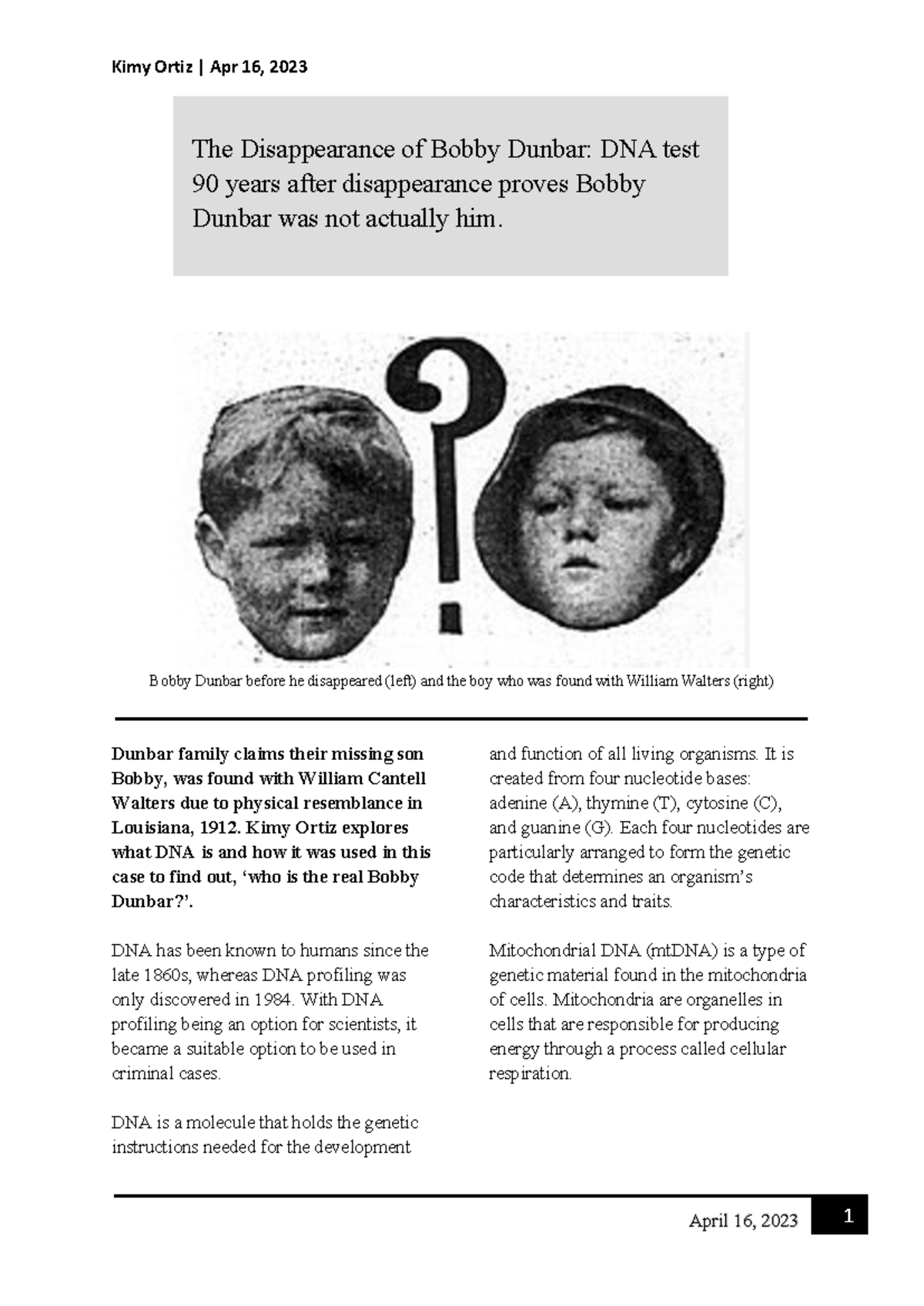 CRJU211 Newspaper Article - Bobby Dunbar before he disappeared (left ...