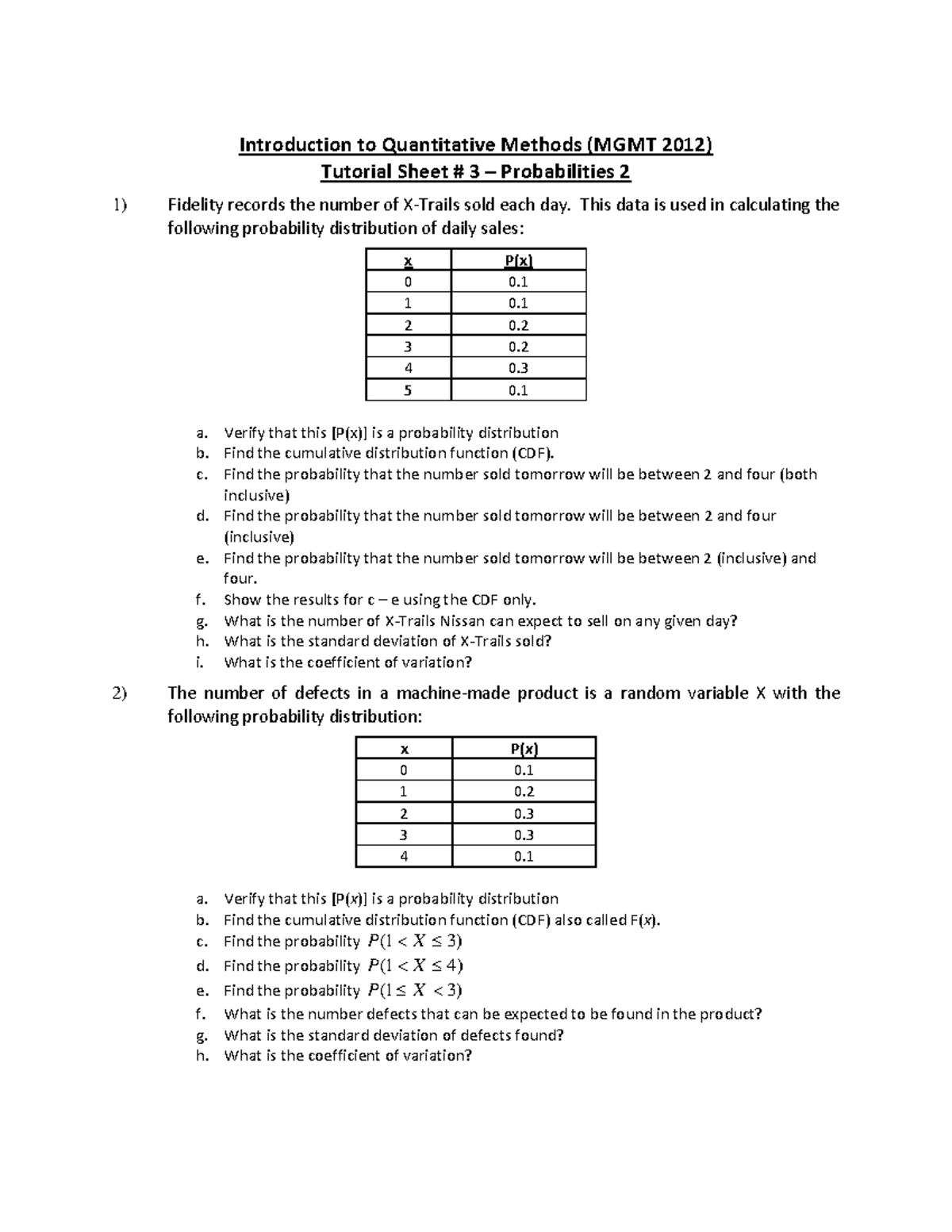 Tutorial sheet 2a - Probabilities 2 Quantitative Methods - Introduction to Quantitative Methods ...