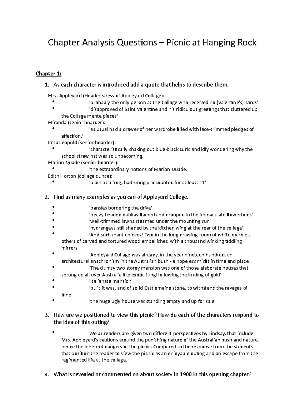 Joan Lindsay’s Picnic at Hanging Rock - Chapter Analysis Questions ...