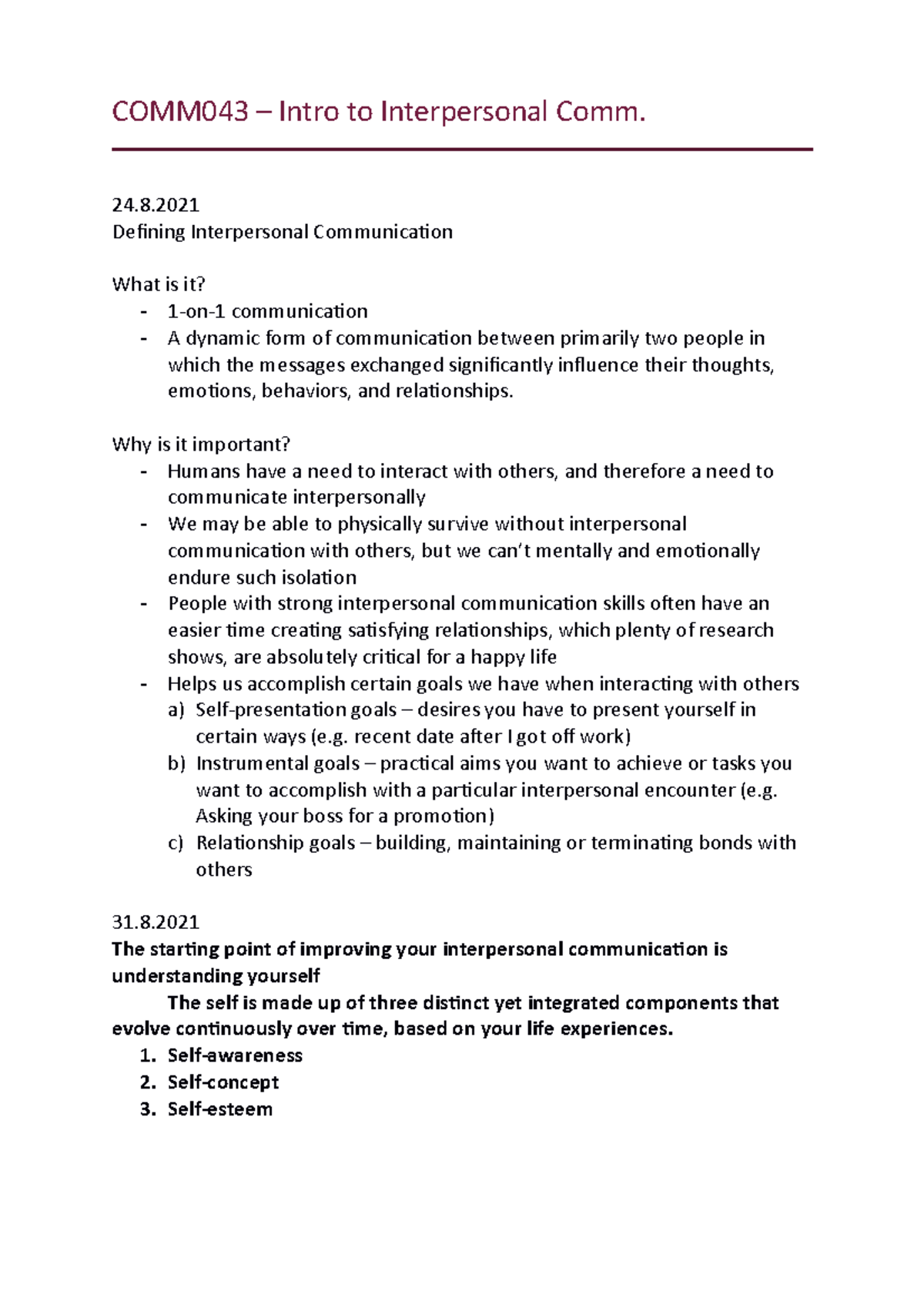 COMM43 - Mostafa Aniss - COMM043 – Intro to Interpersonal Comm. 24. Defining Interpersonal - Studocu