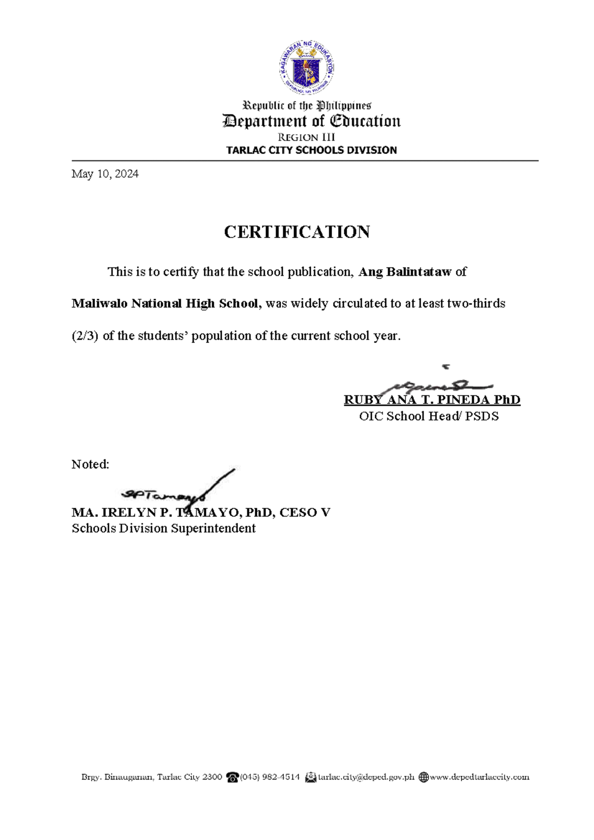 Ang Balintataw - None - English 10 Lesson Plan - May 10, 2024 CERTIFICATION This is to certify ...