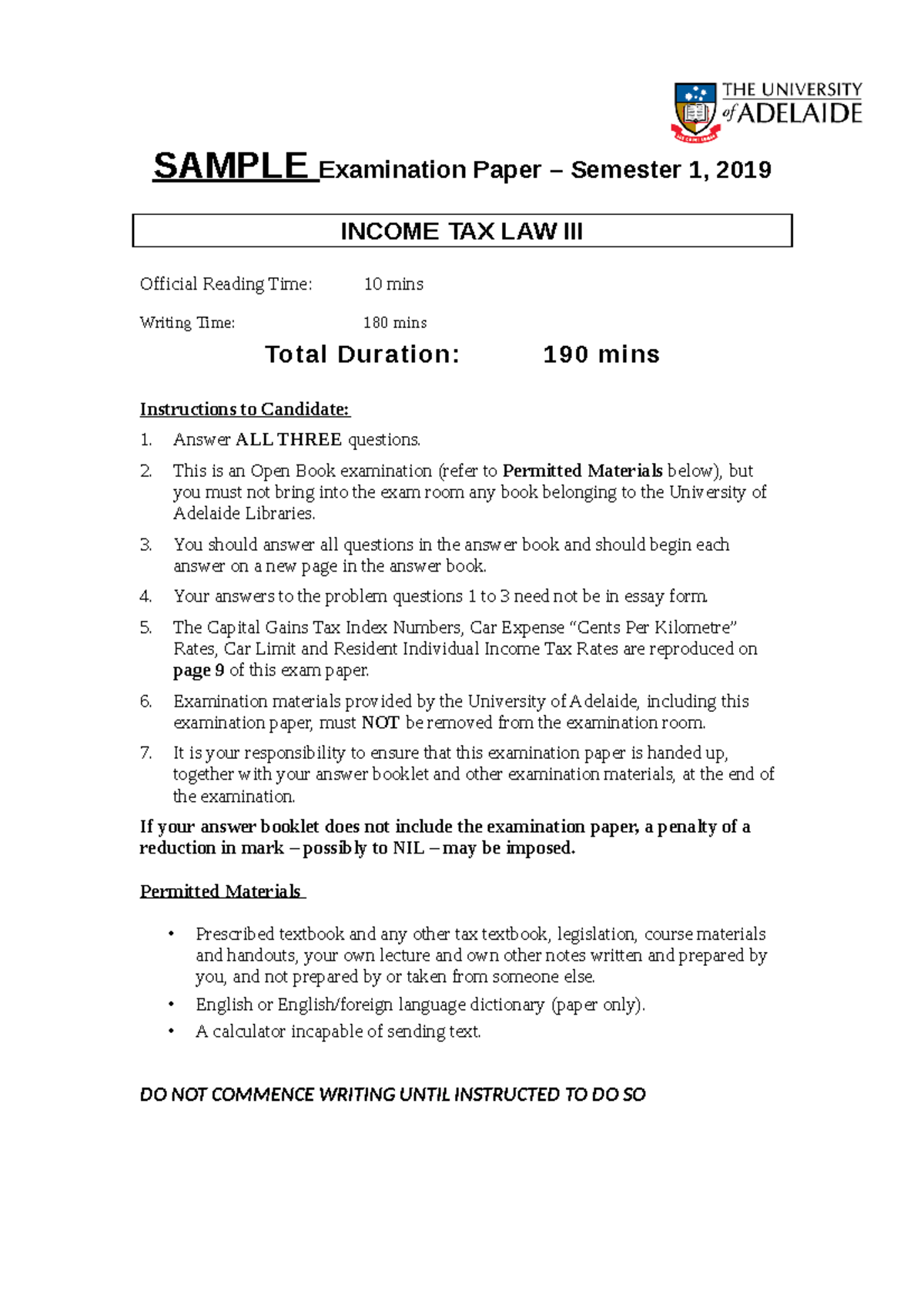 ITL3 Sample Exam 2019 sem 1 - SAMPLE Examination Paper – Semester 1 ...