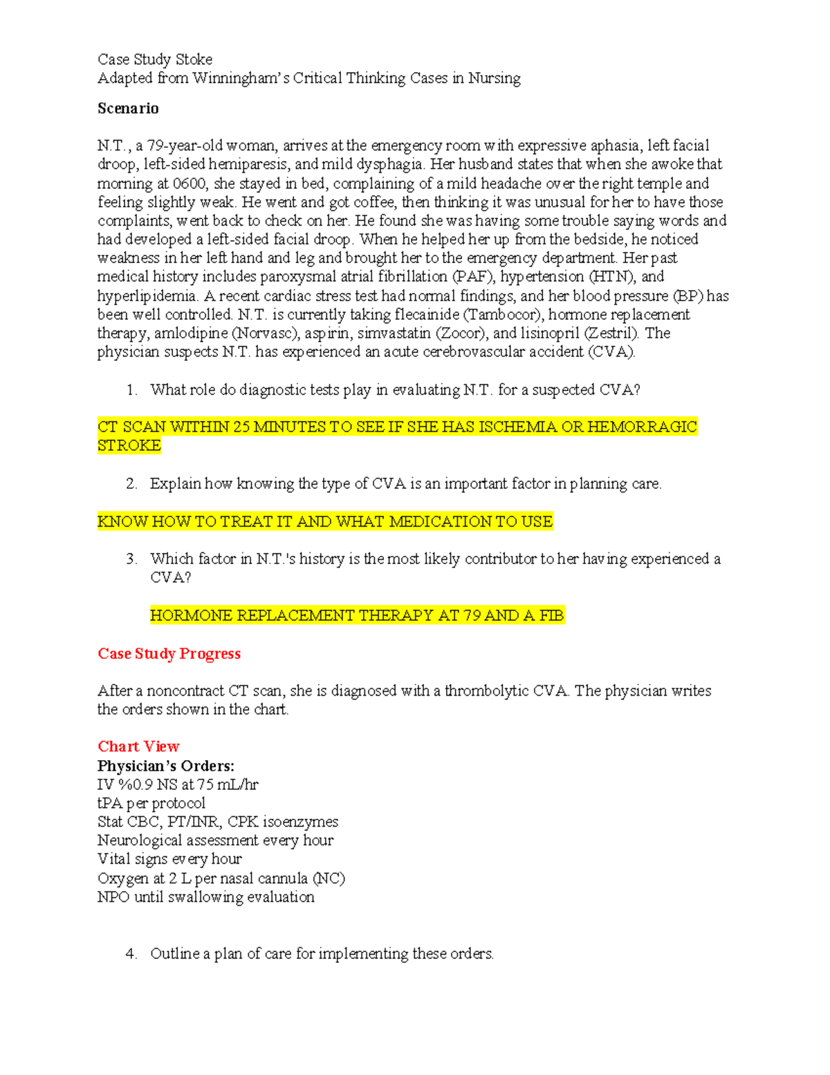 1.0 case study stroke - Adapted from Winningham’s Critical Thinking ...