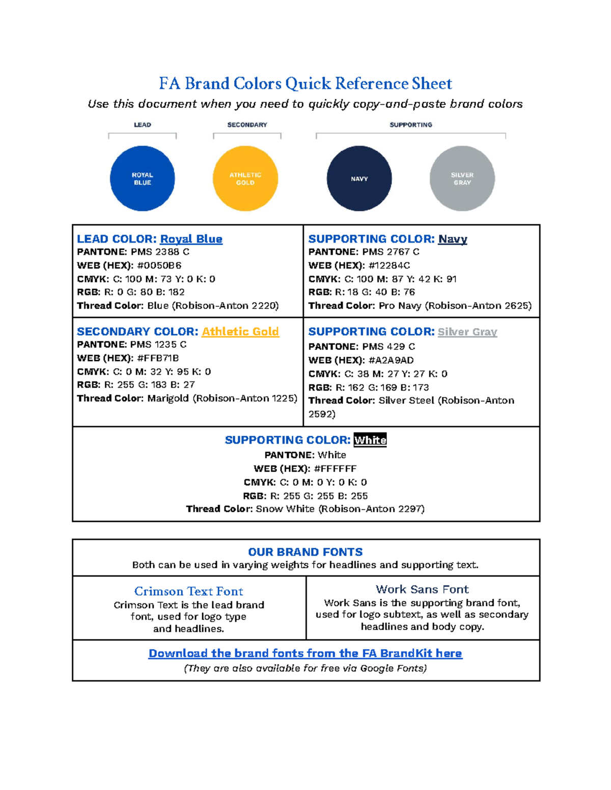 FA Brand Colors and Fonts Quick Reference - FA Brand Colors Quick ...