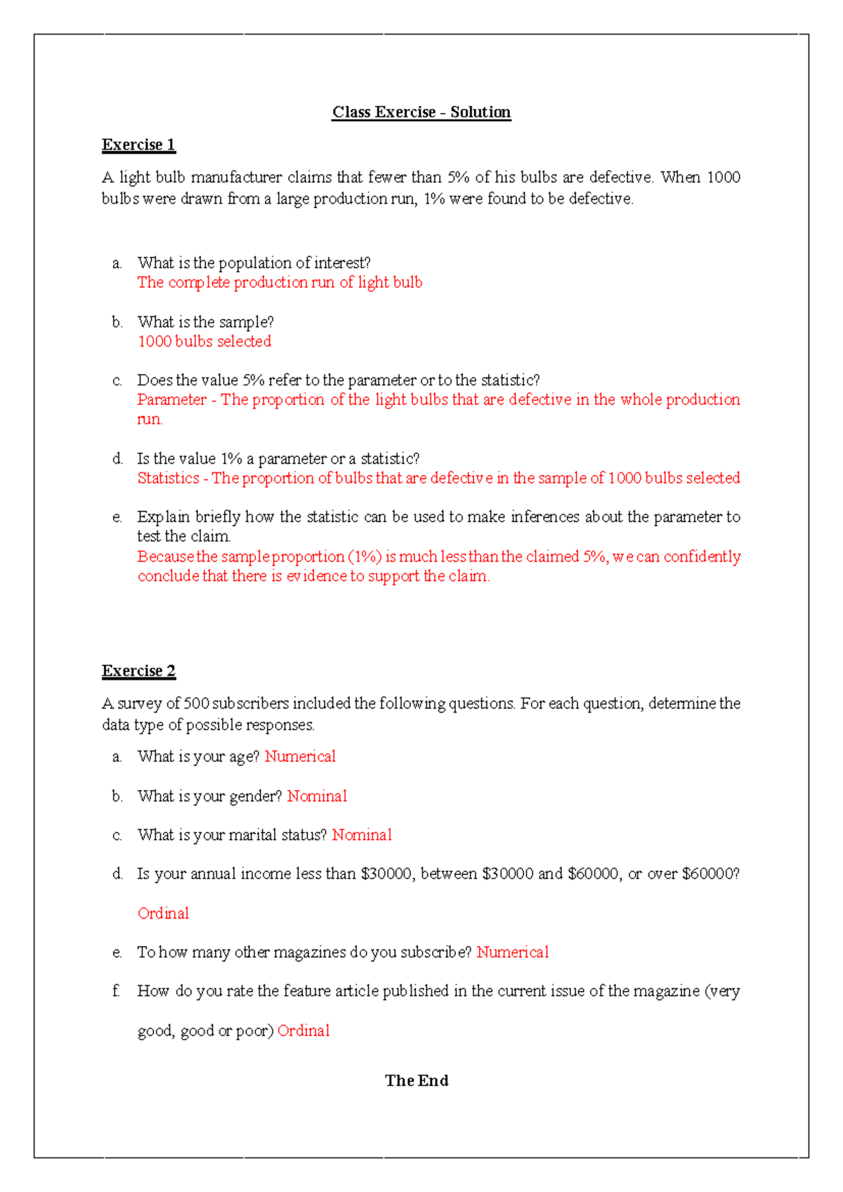 Class Exercise Solution Class Exercise Solution Exercise 1 A
