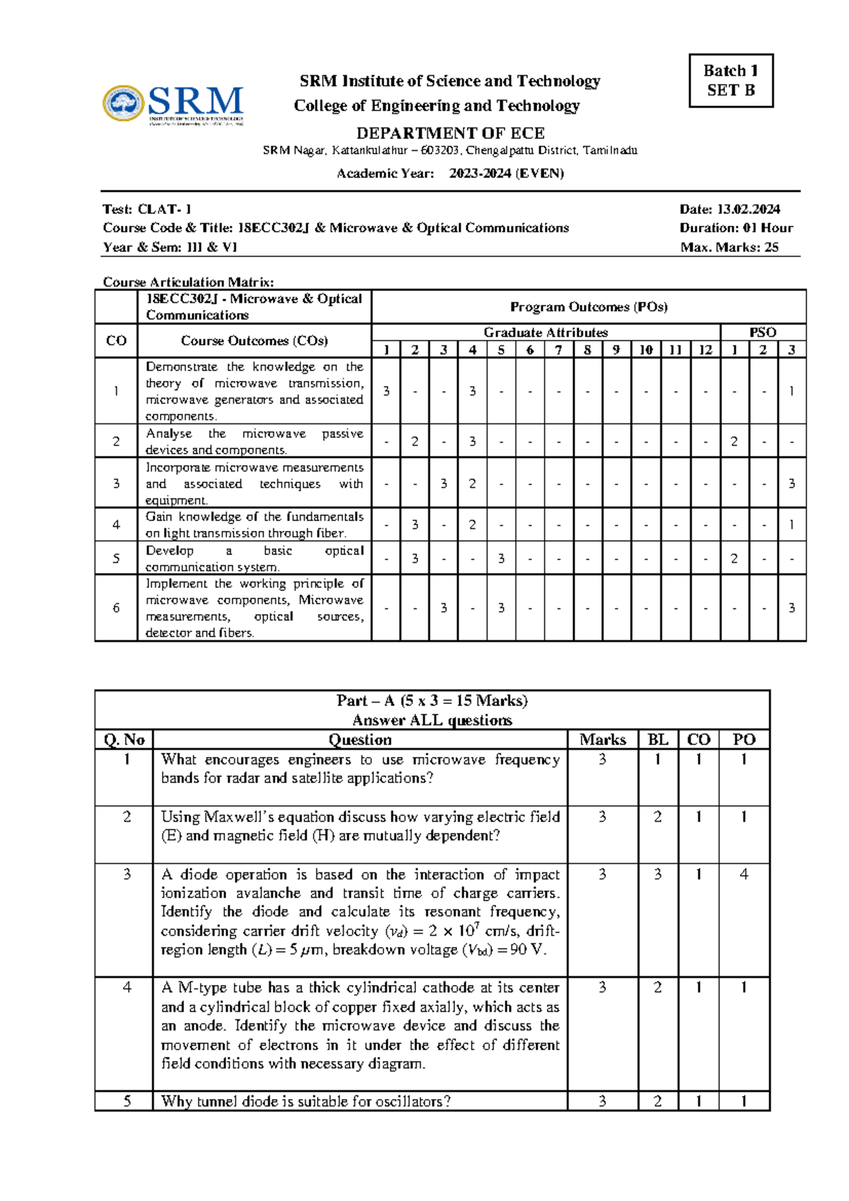 CT1 2023-2024 set B batch 1 - SRM Institute of Science and Technology College of Engineering and ...