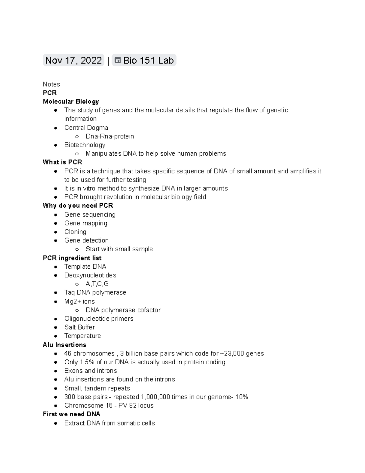 PCR Notes Bio Lab - Nov 17, 2022 | Bio 151 Lab Notes PCR Molecular ...