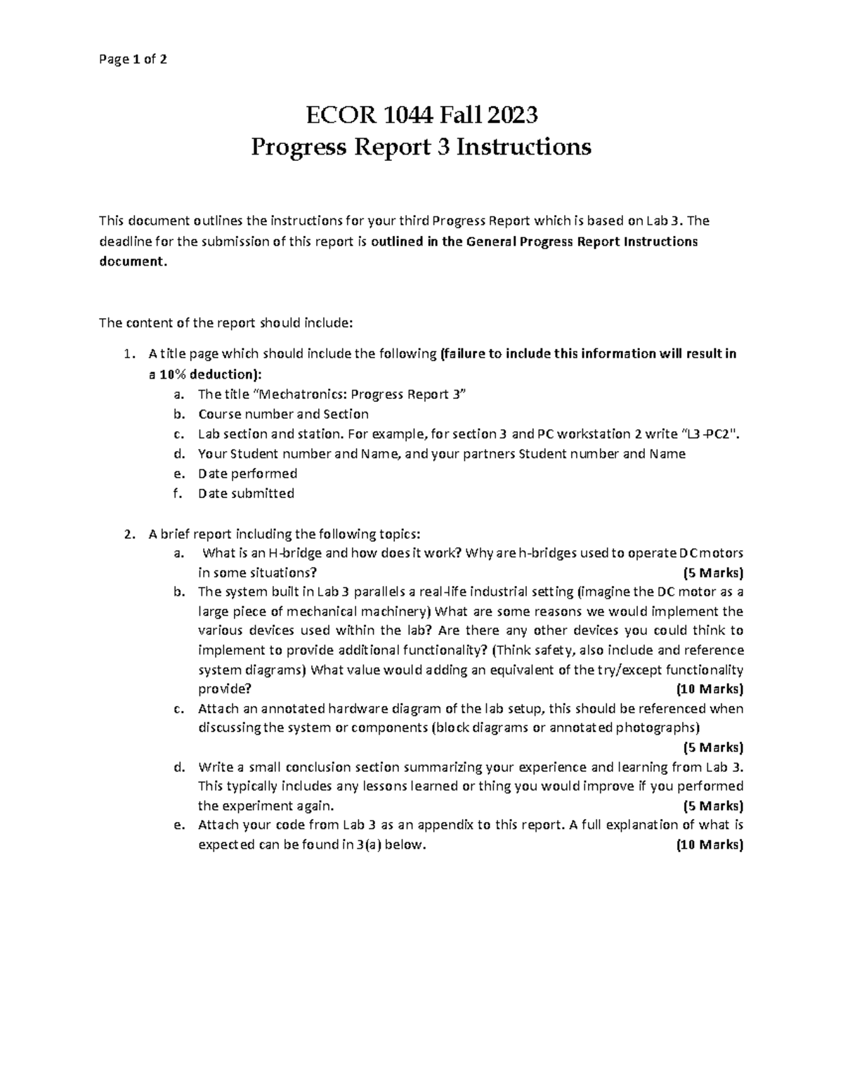ECOR1044 - lab 3 progress report - Page 1 of 2 ECOR 1044 Fall 2023 ...