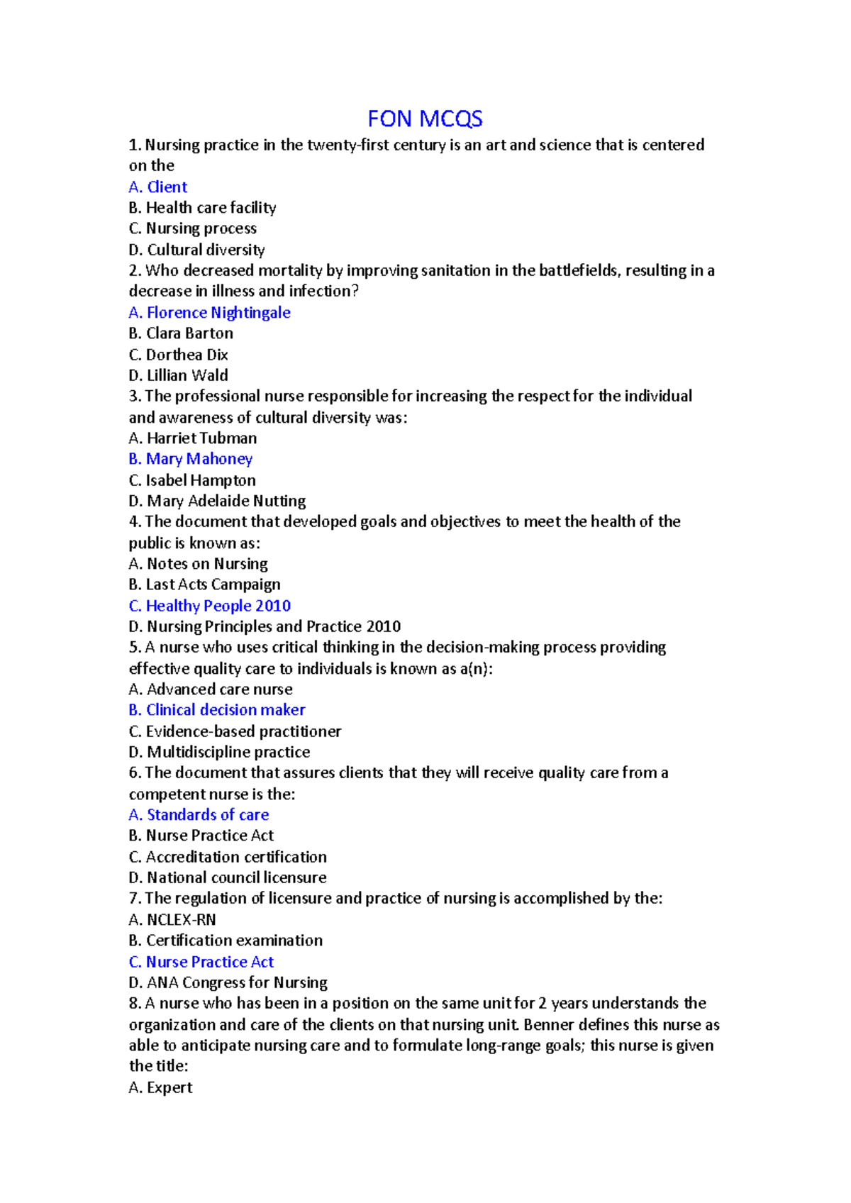 FON MCQS-2 - practice nursing - FON MCQS Nursing practice in the twenty-first century is an art ...