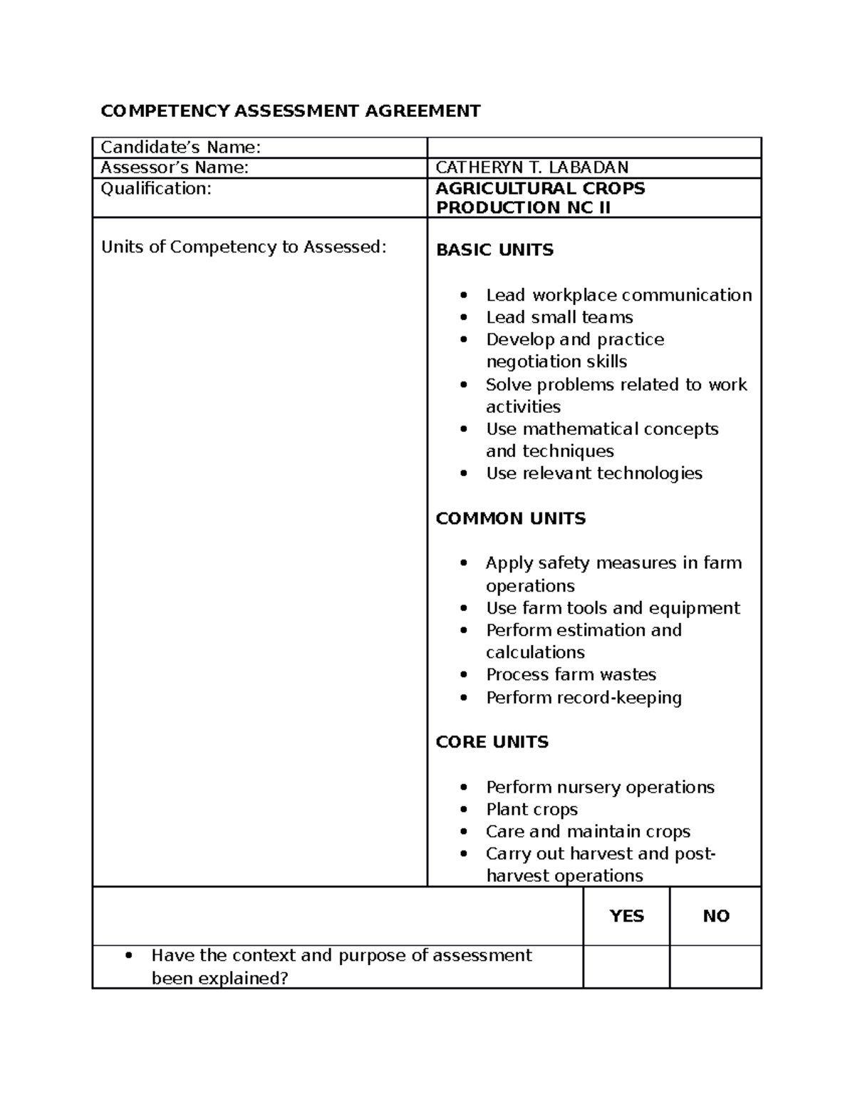 Competency Assessment Agreement Algerjerah - COMPETENCY ASSESSMENT ...