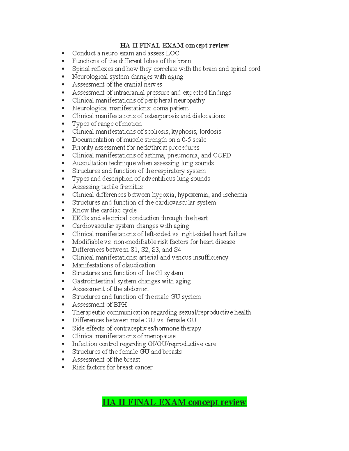 HAII final exam review RN 214A - HA II FINAL EXAM concept review ...