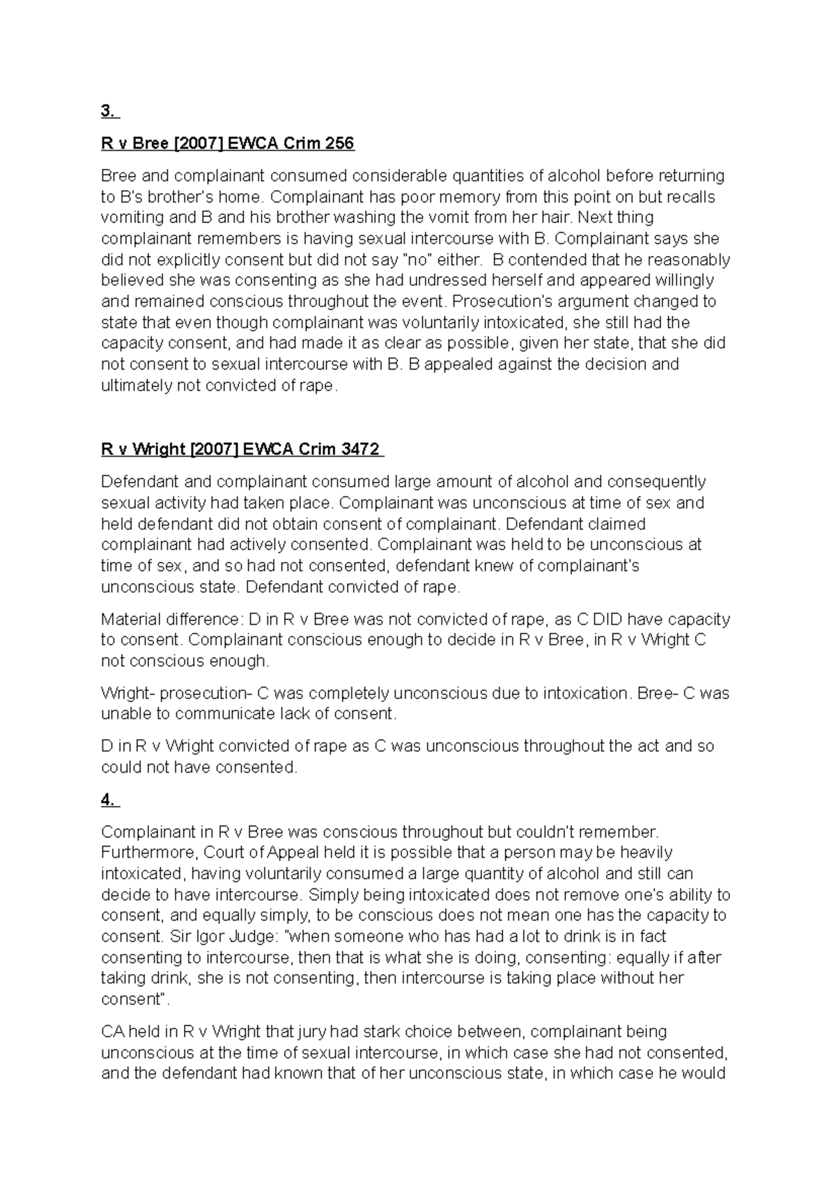 Prep Task 1 (points 3-5) Case Summaries - 3. R v Bree [2007] EWCA Crim ...