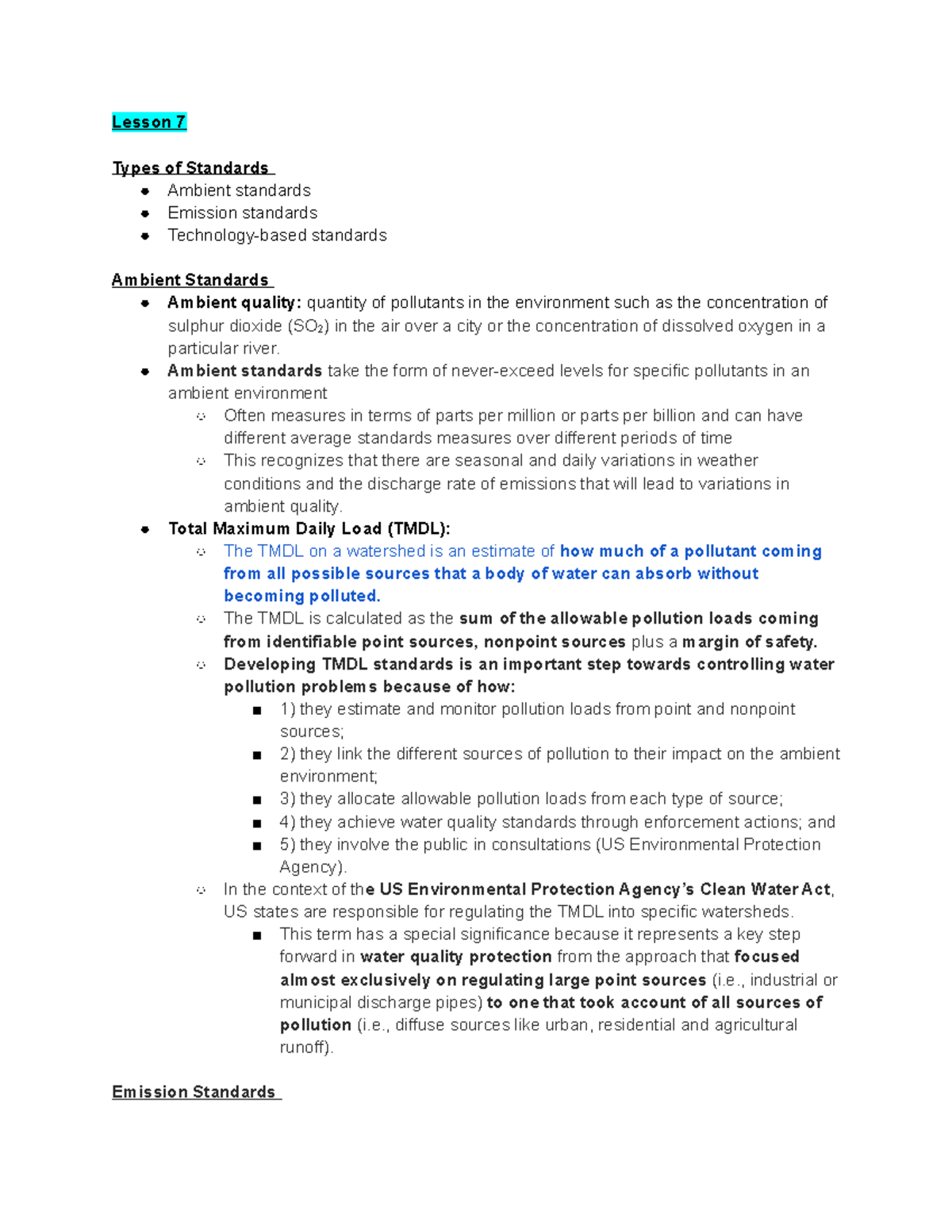 EC238 Final Course Notes - Lesson 7 Types of Standards Ambient ...