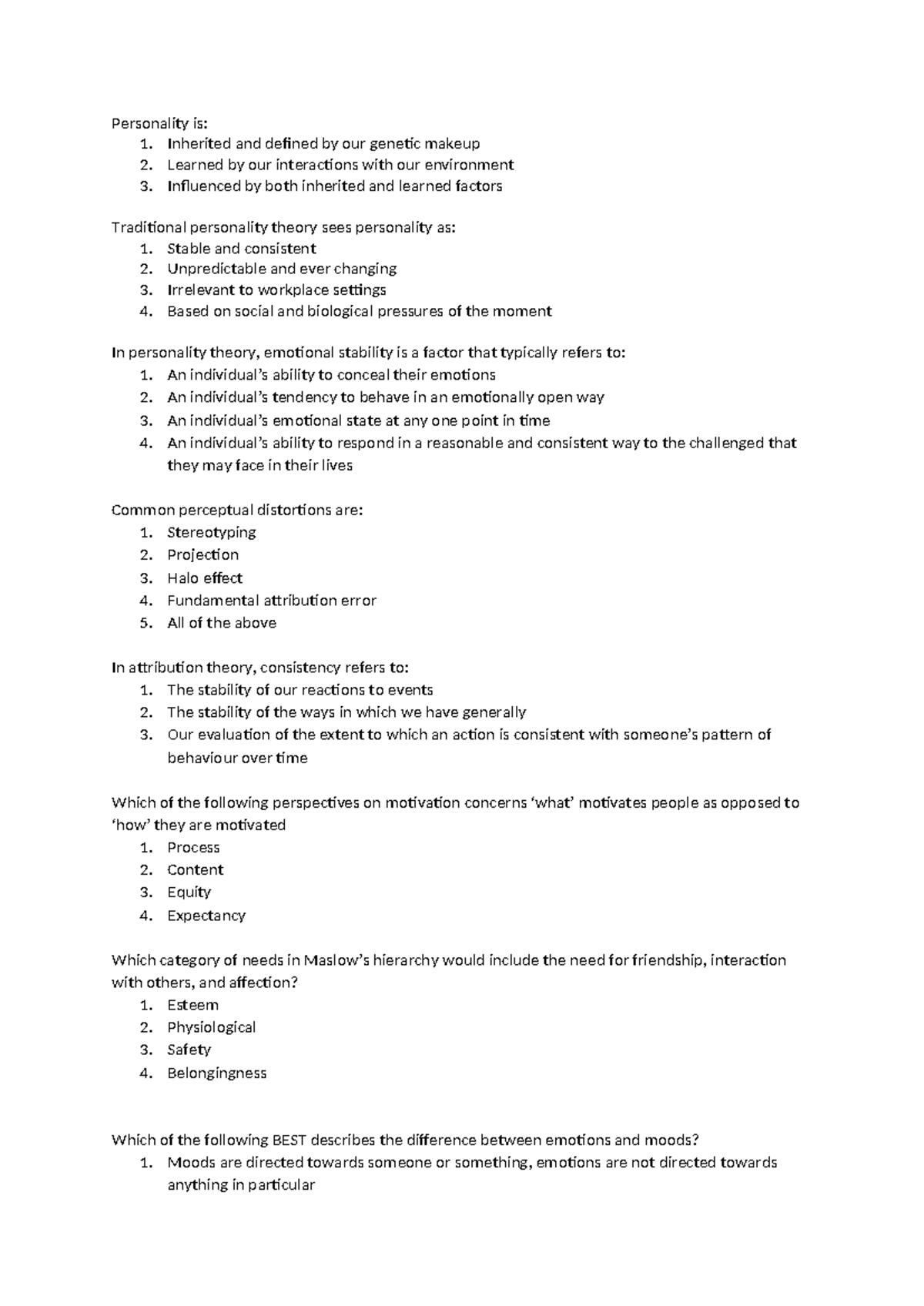 PM4022 Sample MCQ - Personality is: 1. Inherited and defined by our ...