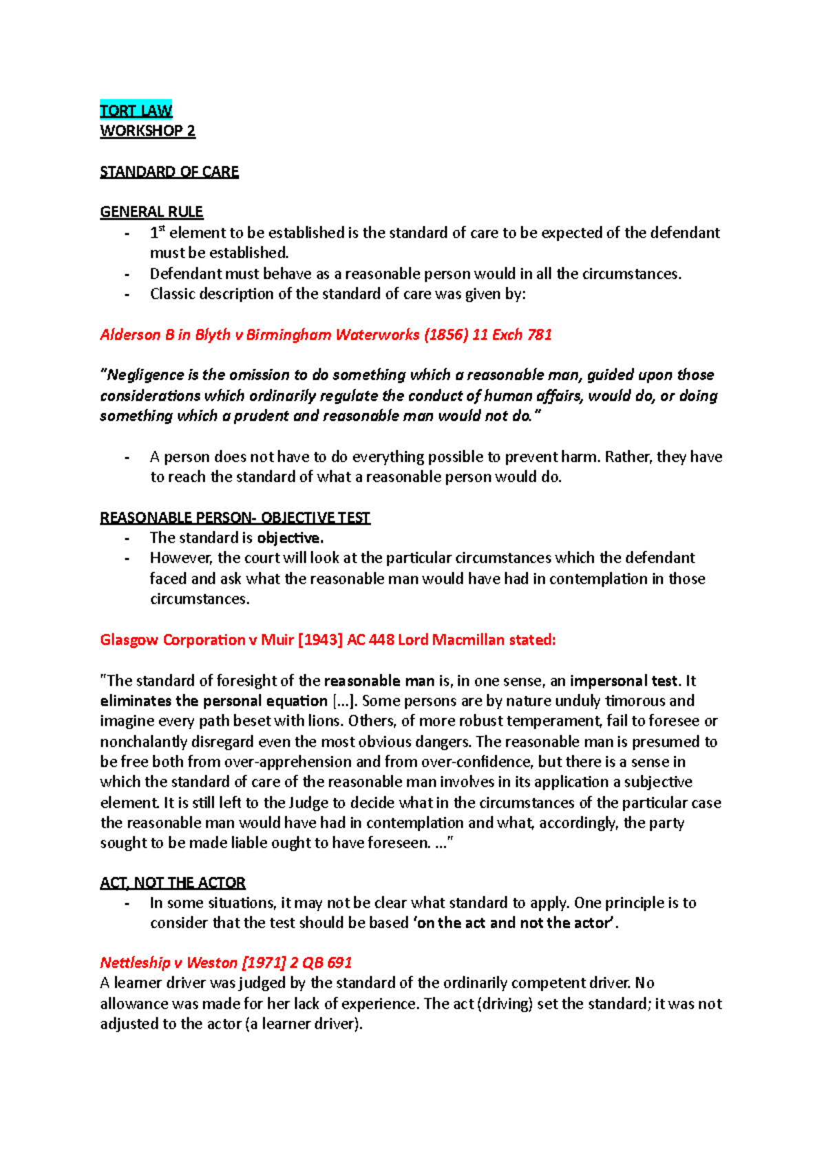 Standard OF CARE - TORT LAW WORKSHOP 2 STANDARD OF CARE GENERAL RULE 1 ...