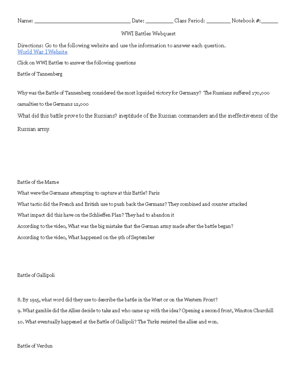 WWI Battles Webquest 2022 WFHS - Name ...