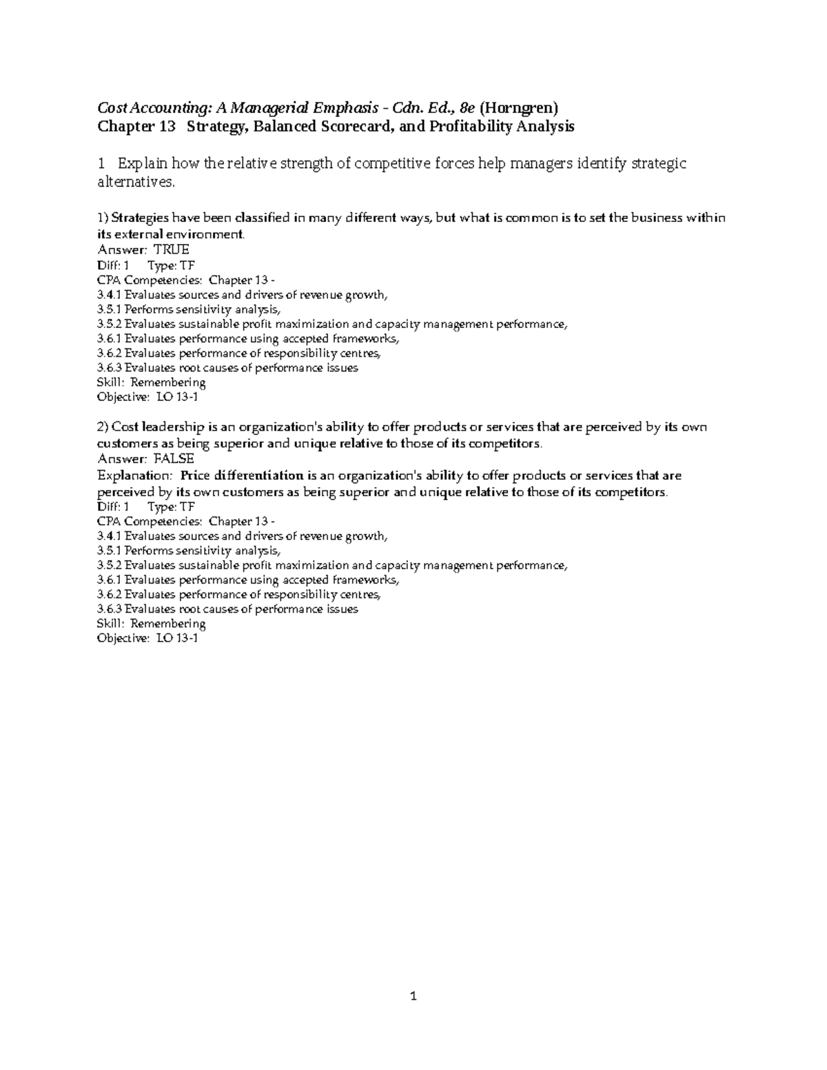 Chapter 13 - Helps for final - Cost Accounting: A Managerial Emphasis - Cdn. Ed., 8e (Horngren ...