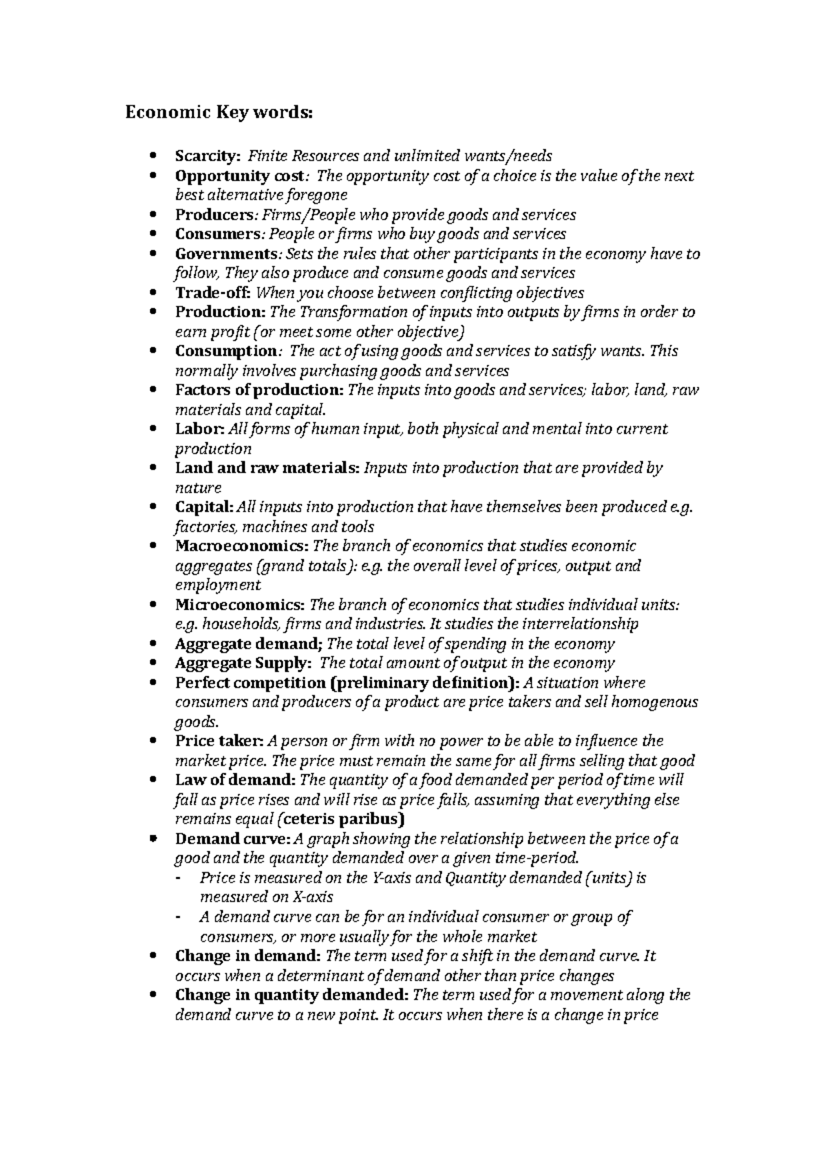 Microeconomics key words - Economic Key words: Scarcity: Finite ...