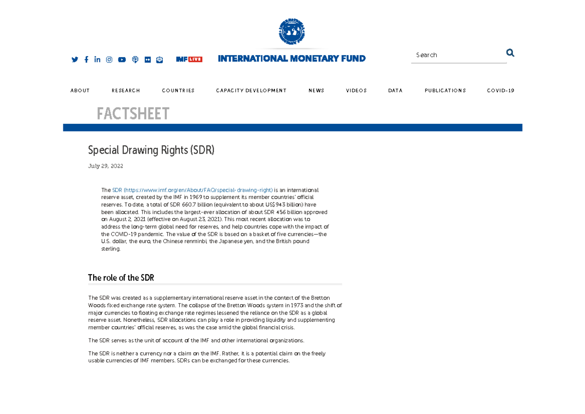 Special Drawing Rights SDR - Special Drawing Rights (SDR) July 29, 2022 ...