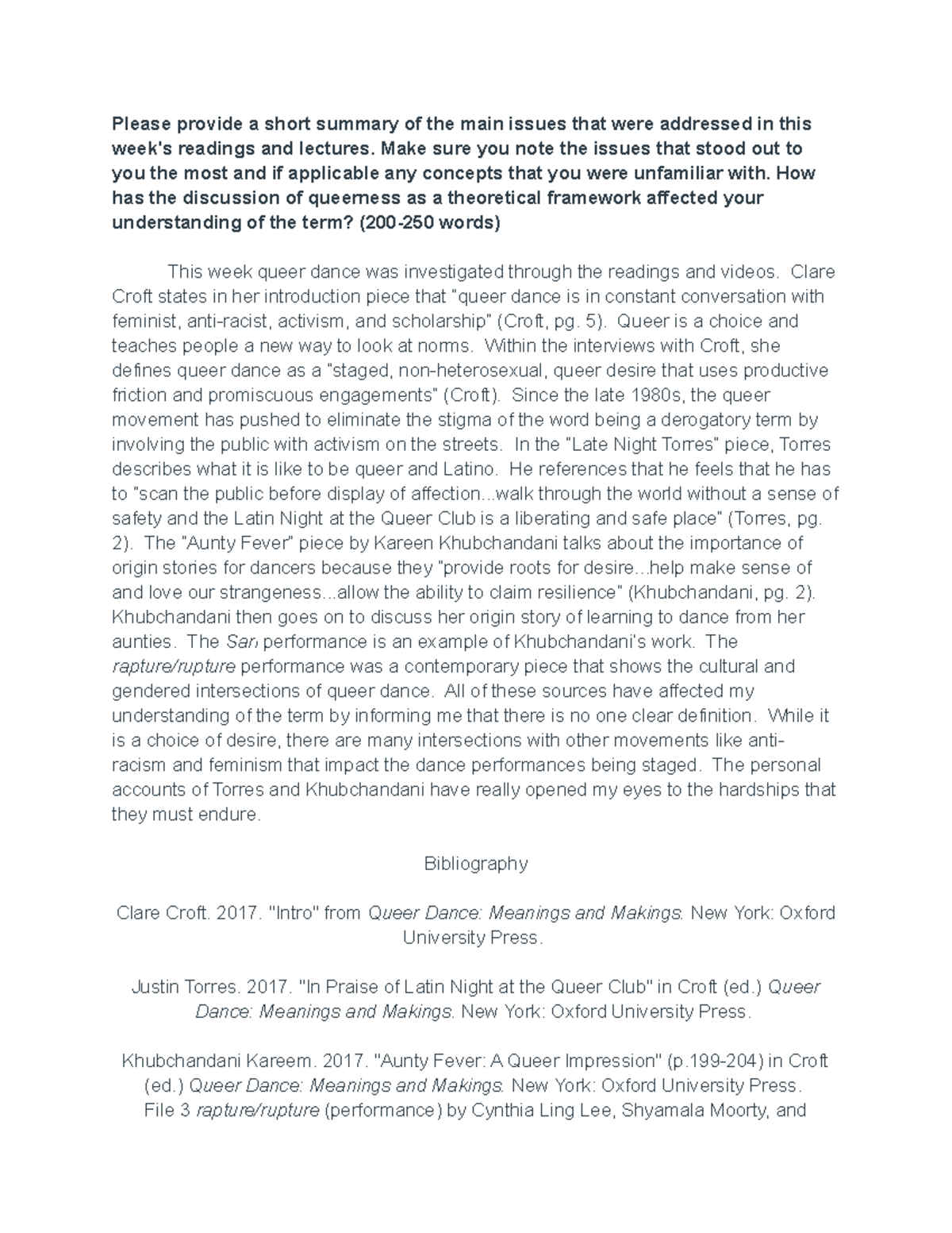 Dance 168 week 5 journal - Please provide a short summary of the main ...