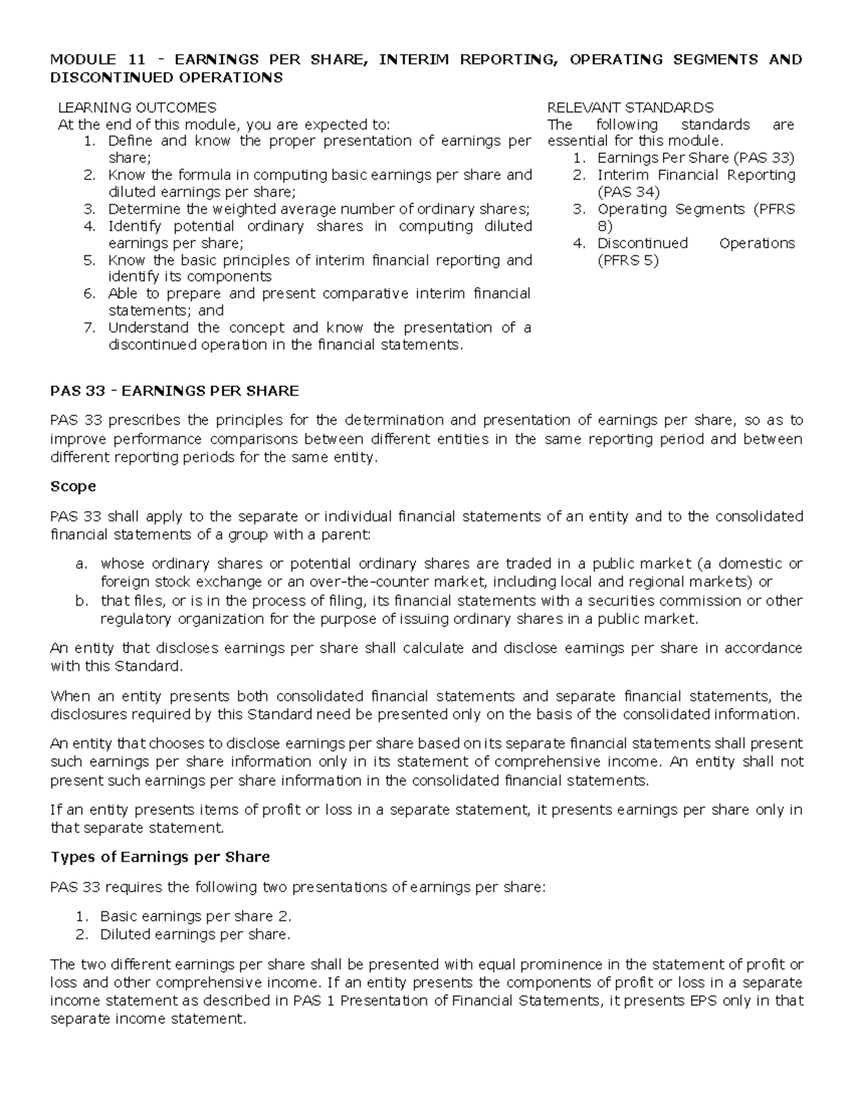 Module 11 - MODULE 11 - EARNINGS PER SHARE, INTERIM REPORTING ...