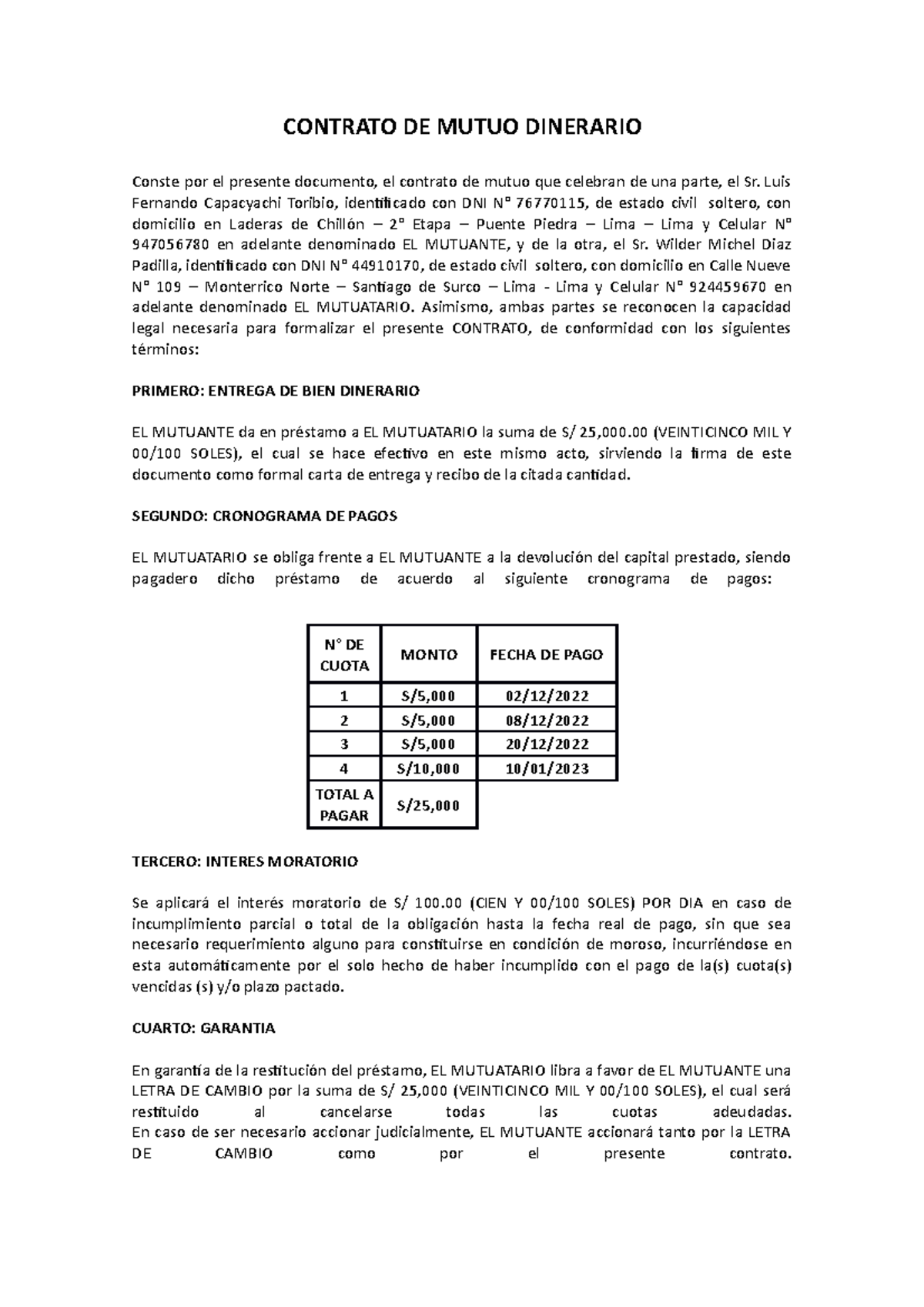 Contrato DE Mutuo Dinerario - Capacyachi - CONTRATO DE MUTUO DINERARIO ...