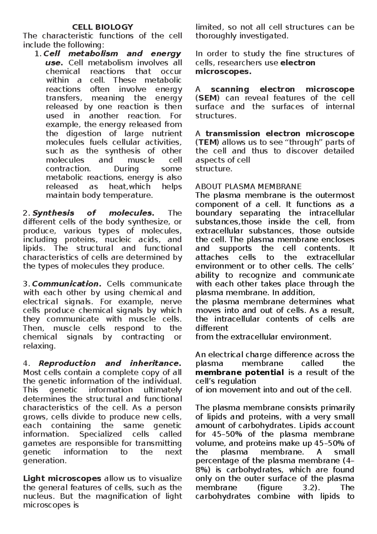 Anaphy Reviewer - CELL BIOLOGY The characteristic functions of the cell ...