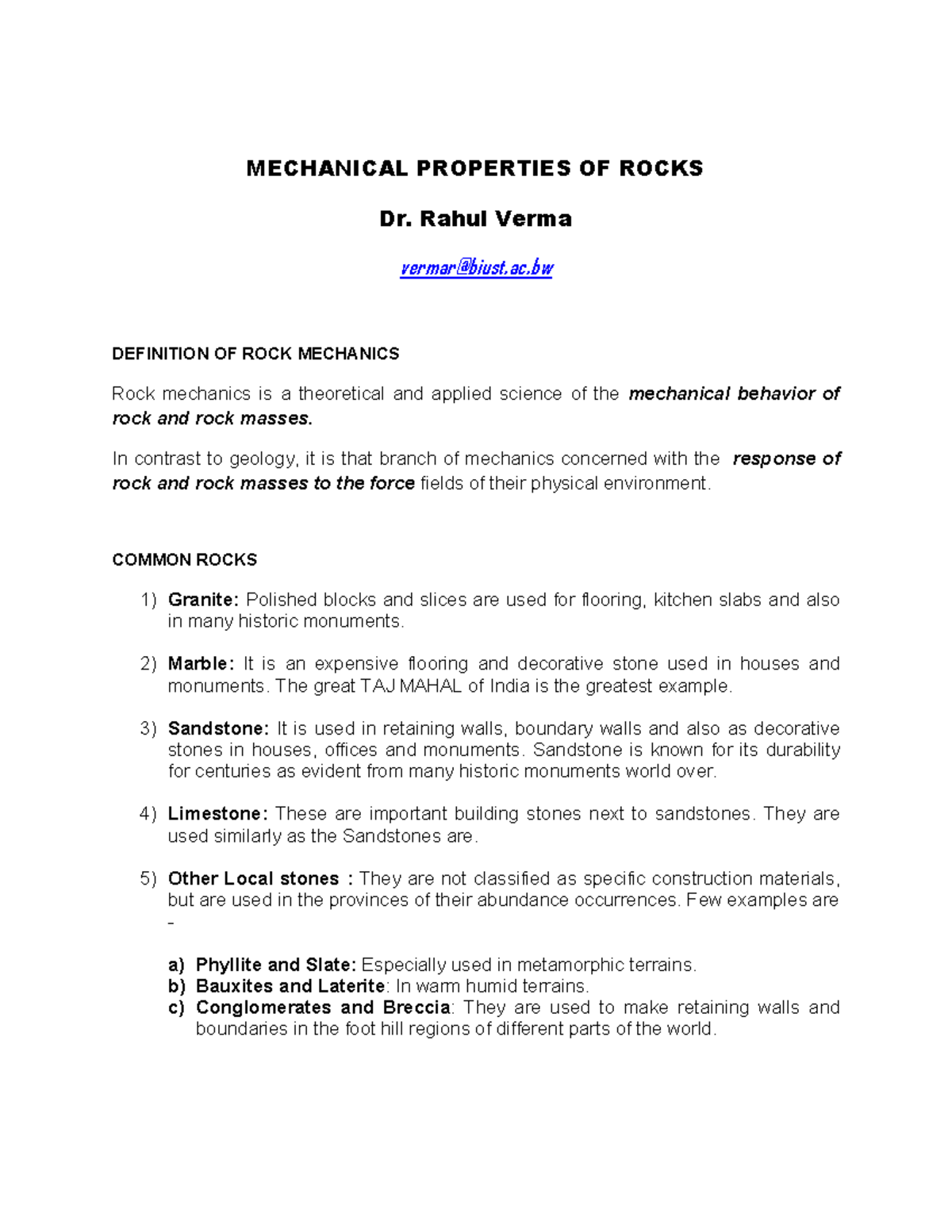 Mechanical Properties OF Rocks - MECHANICAL PROPERTIES OF ROCKS Dr ...