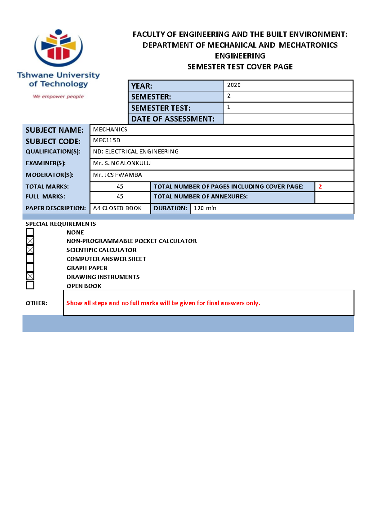 MEC115D Assessment 1 - Practice - SUBJECT NAME: MECHANICS SUBJECT CODE ...