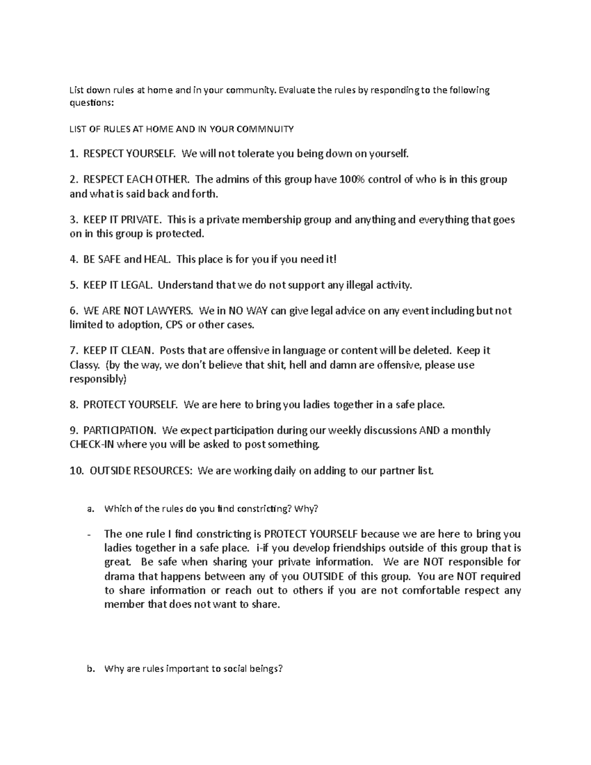 Ethics (Rules and Regulation in our home and in a community) - List ...