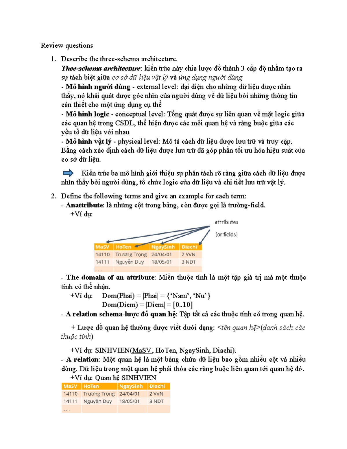 Bai Tap Chuong 2 day du - Review questions 1. Describe the three-schema ...