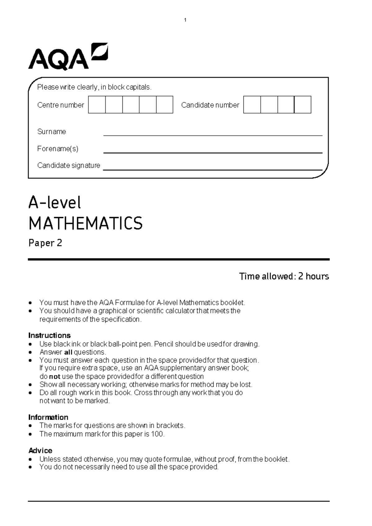 Mock paper 2 final - practise - A-level MATHEMATICS Paper 2 Time ...