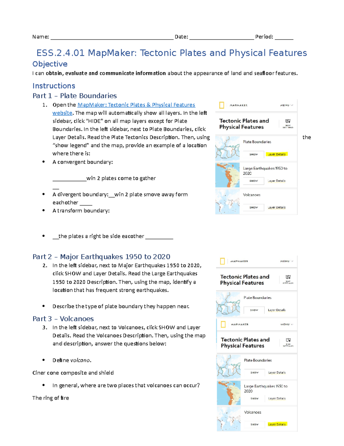 ESS.2.4.01 Map Maker-Plate Tectonics and Physical Features - Name ...