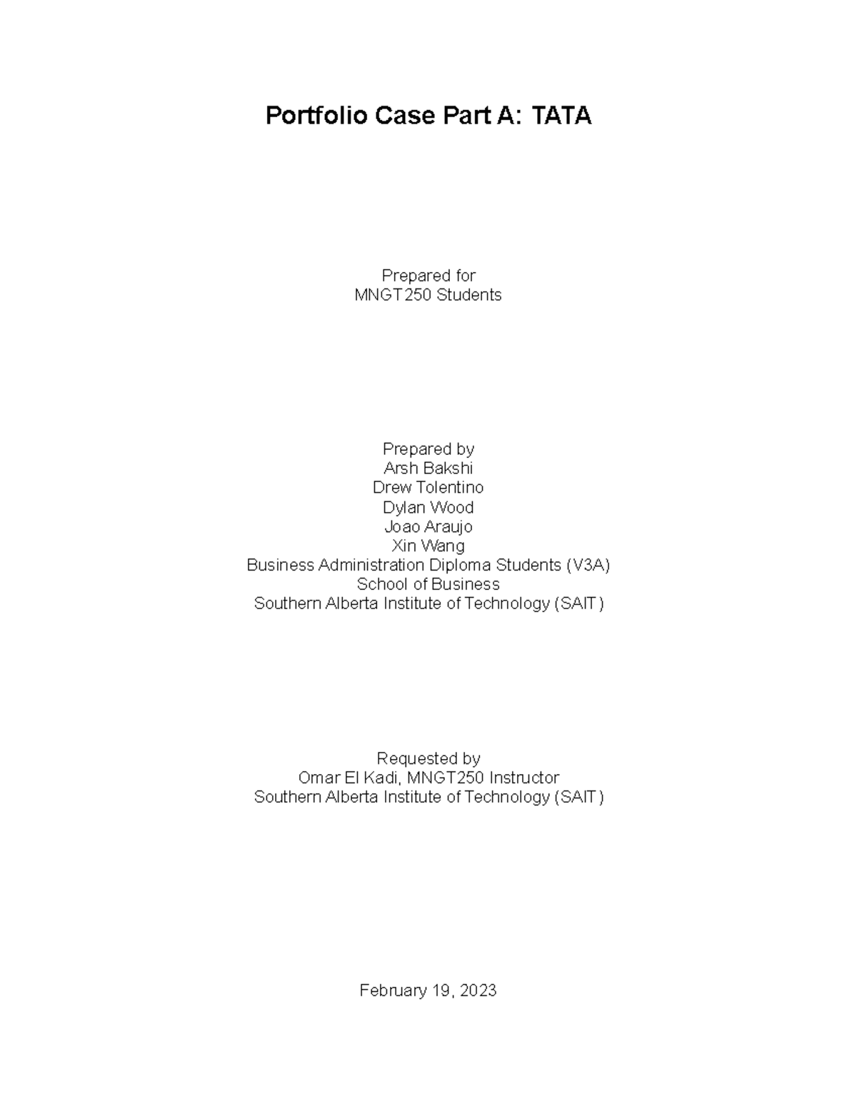 Portfolio Case Part A-TEAM 2-MNGT250-V3A - Portfolio Case Part A: TATA ...