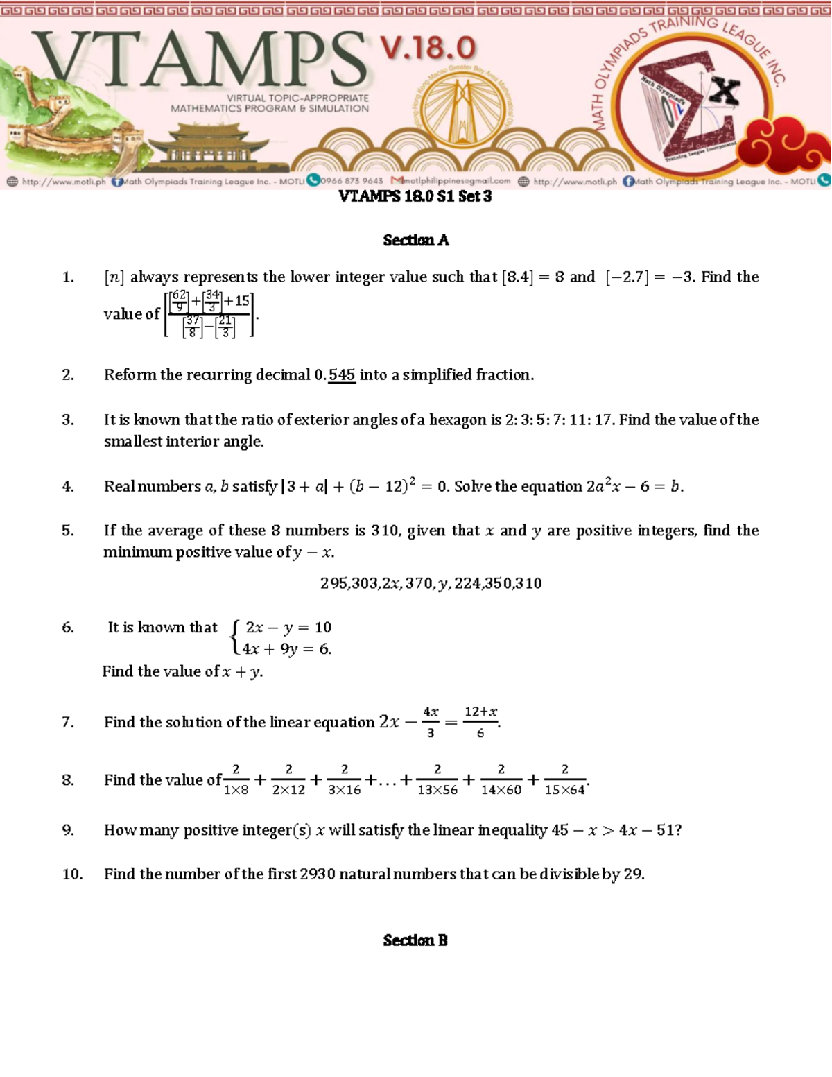 Vtamps 18 S1 Set 3 - REVIEWER - VTAMPS 18 S1 Set 3 Section A [𝑛] always represents the lower ...